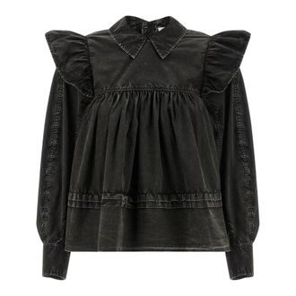 Ganni Washed Frill Blouse - - Blouses & Shirts - Damen - Schwarzk - S
