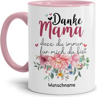 Tassendruck Tasse für Mama mit Name Personalisieren - Danke Mama - Persönliches Geschenk für Mama, Mutter Geschenkidee | Personalisiertes Geschenk, 300ml, Innen &