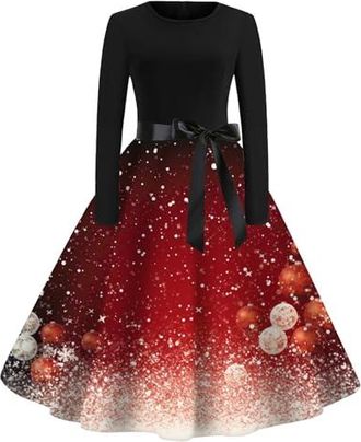 Generic Robe Enfant Noel - Robe De Thé Classique De Noël Pour Femmes, Manches Longues, Col Rond, Avec Ceinture, Robe De Soirée Cocktail Accessoires Photo Gros