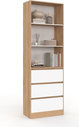 IDMarket B&uuml;cherregal Carla 3 Ebenen 3 Schubladen wei&szlig; und Holzeffekt H.190 cm