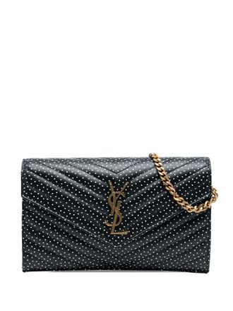 Saint Laurent 2020 Quilted Chevron Calfskin Polka Dot Monogram Envelope Chain Wallet crossbody bag - Noir