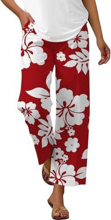 Generic Robe boh&egrave;me d&eacute;contract&eacute;e pour femme - Imprim&eacute; floral - Pantalon en lin &agrave; rayures - Taille &eacute;lastique - Cordon de serrage - Pour l&eacute;t&eacute;, le printemps, la 
