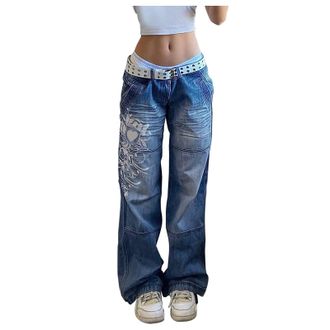 Generic Damen Low Waist Wide Leg Jeans Vintage Print Baggy Hose Y2k Distressed Straight Denim Pants Slim Flare Jean e Girl Streetwear (S-L)
