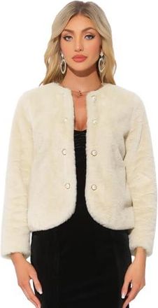 Allegra K Manteau Court Fausse Fourrure Femme Veste Chaud dHiver Peluche Boléro Polaire à Manches Longues avec Boutons en Perles Cardigan Moelleux Beige M
