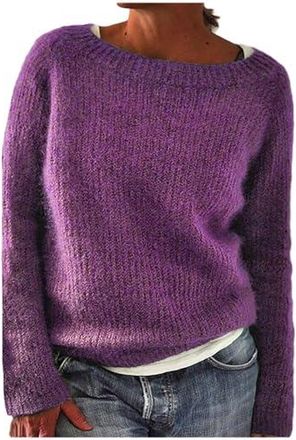 Generic Pull tricot&eacute; &agrave; manches longues pour femme Col bateau R&eacute;tro L&eacute;ger Pull Haut pour Automne Hiver, violet, 3XL