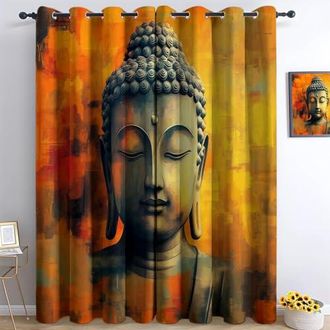Generic Rideau Occultant Bouddha Vintage Tenture Opaque à Oeillets Draperies Intérieurs Rideau Orange Jaune Thermique Isolant pour Maison Chambre Salon Fenetr