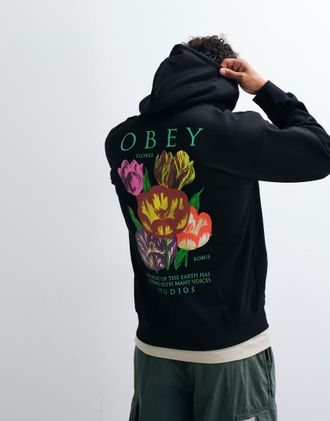 Obey sweat &agrave; capuche noir avec motif graphique au dos flores robus
