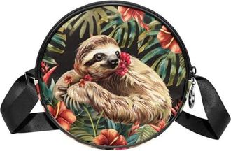 Generic Sac &agrave; bandouli&egrave;re rond pour femme, motif paresseux et fleurs tropicales avec fermeture &eacute;clair et bretelles r&eacute;glables