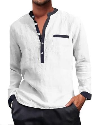 Generic Chemise en lin pour homme - Chemise d&eacute;t&eacute; boutonn&eacute;e - Coton et lin - Respirant - &Eacute;l&eacute;gante - Pour lext&eacute;rieur - Manches longues - Coupe droite - Chemise 