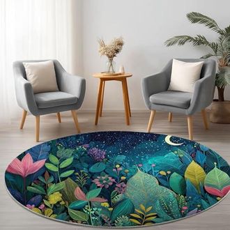Generic Vert Olive Tapis Rond Fantaisie - 120 cm Lavable Doux et antid&eacute;rapant Tapis, Plantes Lune Fleurs Impression pour Chambre &agrave; Coucher Salon Vestibule ent