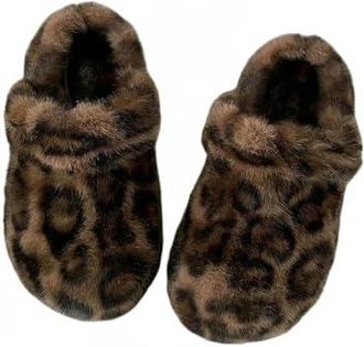 Generic YUJIEBB Chaussons en coton imprim&eacute; l&eacute;opard pour femme Automne Hiver Fce Doubl&eacute;es Chaussons &agrave; enfiler, imprim&eacute; l&eacute;opard, 35.5 EU