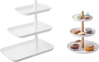 Yamazaki Tableware Tower 4280 3 Etagen-Servierplatte für Kekse, Obst, Kuchen, Stahl, Weiß, L 24,7 x W 15,7 x H 25,7 cm & Tosca 2419 3-stufiger Dessertständer für Wohnzim