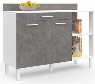 IDMarket Buffet Bas de Cuisine 120 cm CINA Plan de Travail H.83 cm 2 Portes + tiroir Blanc et Effet béton
