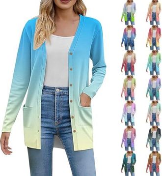 Generic Cardigan long pour femme avec poches, couleur d&eacute;grad&eacute;e, cardigan boutonn&eacute; d&eacute;contract&eacute;, long manteau tricot&eacute; basique, chandails ajust&eacute;s, cardigan print