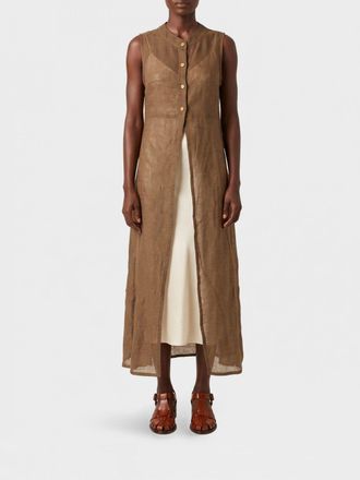 Le Kasha Robe chemise midi en lin sans manches &agrave; imprim&eacute; abstrait