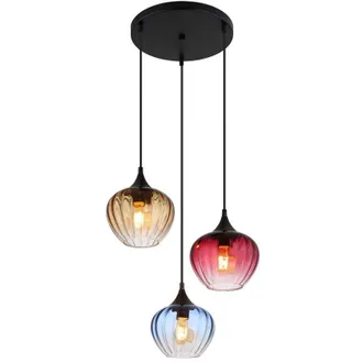 Globo Lighting H&auml;ngelampe 3 flammig Esszimmerleuchte Pendellampe Retro Glas Wohnzimmerlampe, Rot Amber Blau, 3x E27, DxH 45 x 150 cm