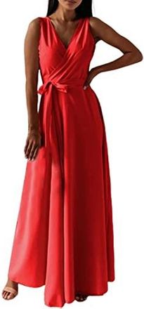 FNKDOR Robe de Soir&eacute;e Longue Femme Couleur Unie Maxi Robe Wrap Col en V sans Manches Pliss&eacute; A-Line Robes de Cocktail F&ecirc;te C&eacute;r&eacute;monie Chic et &Eacute;l&eacute;gante Robes Ma