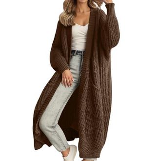 Generico Cardigan long avec poches pour femme en tricot à manches longues pour automne et hiver, Café, XXL