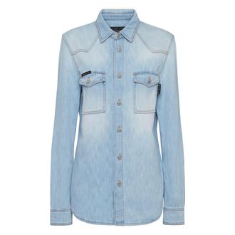 Philipp Plein Femme, Blouses et Chemises, Bleu, Taille: 42 FR Denim Shirt Crystal Skull