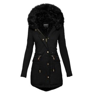 Generic Parka for femme avec capuche en fausse fourrure, manteau long imperm&eacute;able, veste dhiver zipp&eacute;e doubl&eacute;e en polaire for lext&eacute;rieur(Black,XXL)