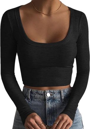 Minetom Damen Langarm T-Shirt mit Quadratischer Ausschnitt Basic Langarmshirt Crop Tops Bauchfrei Oberteile Sweatshirt Pullover Top Herbst Ribbed A Schwarz XS