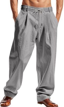 Generic Pantalon habill&eacute; en lin pour homme - Coupe ample - Taille &eacute;lastique - Pantalon d&eacute;contract&eacute; avec cordon de serrage - Pantalon de yoga ample - Jambe lar
