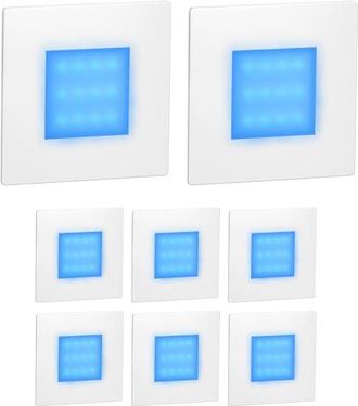 LEDs Com 8 pi&egrave;ces Lumi&egrave;re descalier LED/lampe murale encastr&eacute;e FEX pour lint&eacute;rieur et lext&eacute;rieur, rectangulaire, blanc, 85 x 85mm, bleu
