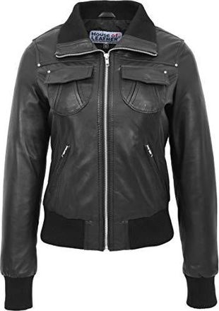 House Of Leather Veste bomber ajustée en cuir véritable pour femme - Noir - 38