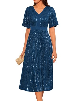 Grace Karin A-Linie Faltenrock Elegant Paillettenkleid Kurzarm Abendkleid V-Ausschnitt Swing Cocktailkleid Casual Freizeitkleid S Pfauenblau