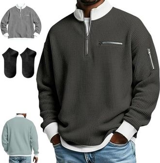 Generic Mens Casual Fashion Up Collar Contrasting Zipper Sweatshirt,Waffle Half-Zip Stand Collar Pullover Sweater,Loose Simple Top (FR/ES, Alpha/Lettres, 4TG,