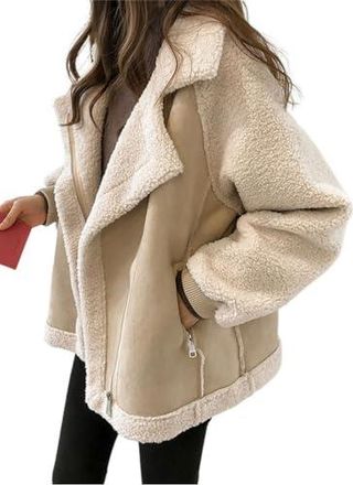 Onsoyours Manteaux Polaire Zippée pour Femme Mode en Laine Revers Épaissir Blouson Chaud Hiver Décontractée Doux Ample Jacket Veste A Abricot XXL