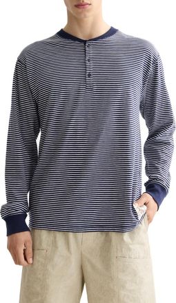 Scotch & Soda Herren Striped Relaxed-Fit Shirt Henley-Hemd, Marineblau/Wei&szlig; gestreift 410, L