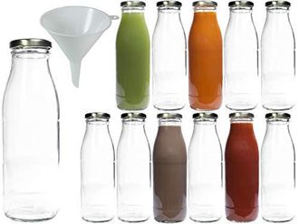 Viva Haushaltswaren 12 x Weithals-Glasflasche 500 ml mit goldfarbenem Schraubverschluss, als Milchflasche, Saftflasche & Smoothieflasche verwendbar (inkl. Trichter &Oslash; 12 c