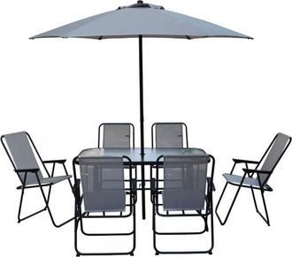 Habitat et Jardin Table et chaises de jardin avec parasol en m&eacute;tal Convivia - 6 places - Gris clair