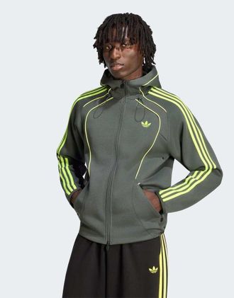 adidas Originals Spacer teamgeist 26 Cutline Full-Zip-Kapuzenpullover in Legend Ivy / Frozen Lemon-Grau