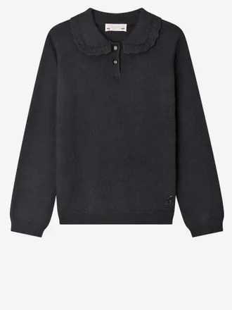 BONPOINT Girls Wool Jumper With Ruffled Collar Black Sweater