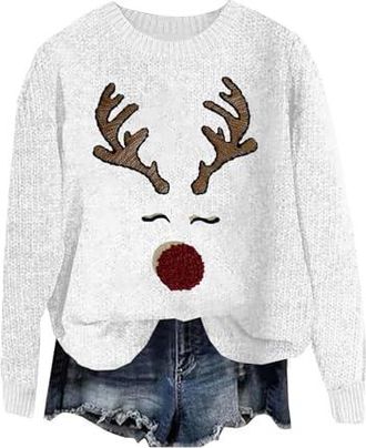 Generic Pull de Noël pour femme, bonhomme de neige scintillant amusant et mignon renne imprimé personnalisé vacances hauts à manches longues pour femmes pulls