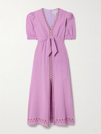 Saloni Jamie Midikleid Aus Baumwoll-seersucker Mit Stickereien Zum Binden - Lila
