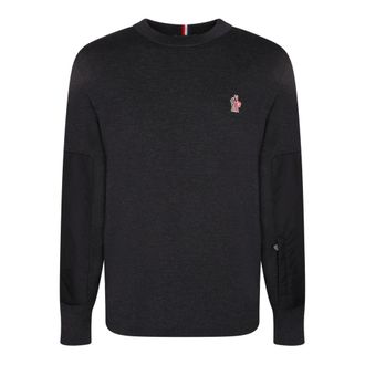 Moncler Rundhals-Pullover mit Nylon-&Auml;rmelflicken - - Knitwear - Herren - Braun - S