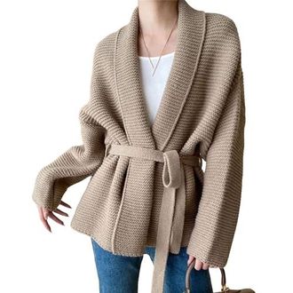 Generic Cardigan en tricot pour femme avec ceinture - Cardigan ample surdimensionn&eacute; - Kaki uni - Chaud - &Agrave; lacets - Manteaux tendance, Kaki, taille unique