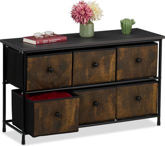 Relaxdays Sideboard, 6 Stoffschubladen, Flur & Schlafzimmer, HxBxT: 51x87x32 cm, Schubladenschrank, Metall, braun/grau