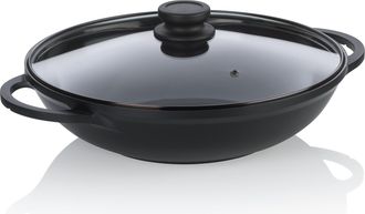 KELA Wokpfanne 32 cm mit Glasdeckel ATURA, Wok Induktion 4 Liter, Aluguss keramisch beschichtet, PFAS frei, schwarz