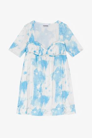 Ganni Robe mini en satin imprim&eacute; &agrave; manches courtes Bleu &Eacute;lasthanne - Taille 44 - Pour Femme