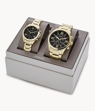 Fossil Geschenkset Uhren His and Hers Chronograph Edelstahl goldfarben