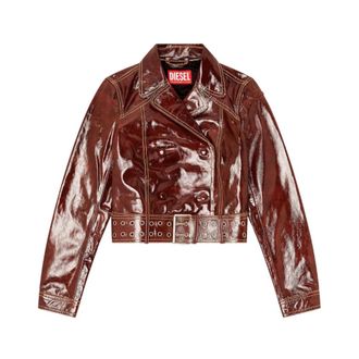 Diesel Femme, Vestes, Brun, Taille: 36 FR Veste courte L-Egend en cuir verni avec ceinture