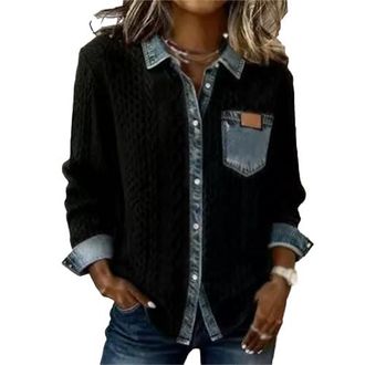 Generic Chemise en tricot pour femme avec empi&egrave;cements en denim, col patchwork en denim, cardigan pour lautomne et lhiver, Noir, 3XL