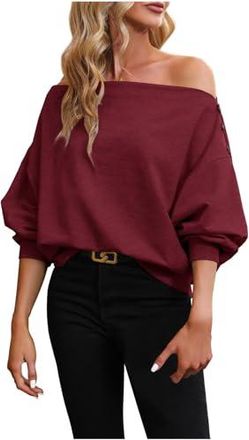 Generic Sweatshirt Sport Femme à Col Oblique- Haut épaules Dénudées Manche Longue-Top Sexy DéContracté Ample Couleur Unie Pullover Chic Et élégant Classique D