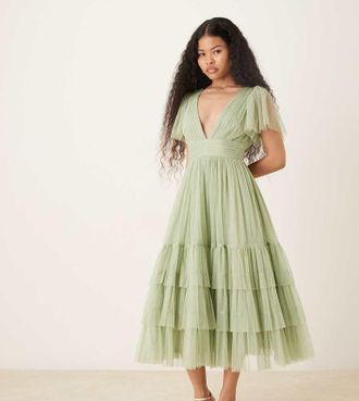 Lace & Beads Petite Robe mi-longue pour demoiselle dhonneur en tulle &agrave; d&eacute;collet&eacute; plongeant et manches &eacute;vas&eacute;es - Vert sauge