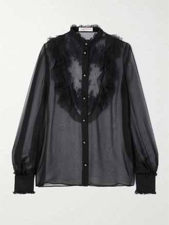 Valentino Garavani Blouse En Mousseline De Soie À Finitions En Dentelle Et À Volants - Noir