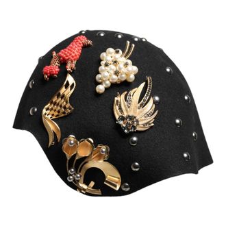Dolce & Gabbana Schwarzer Wollverzierter Cloche-Hut - - Accessories - Damen - Mehrfarbig - ONE SIZE